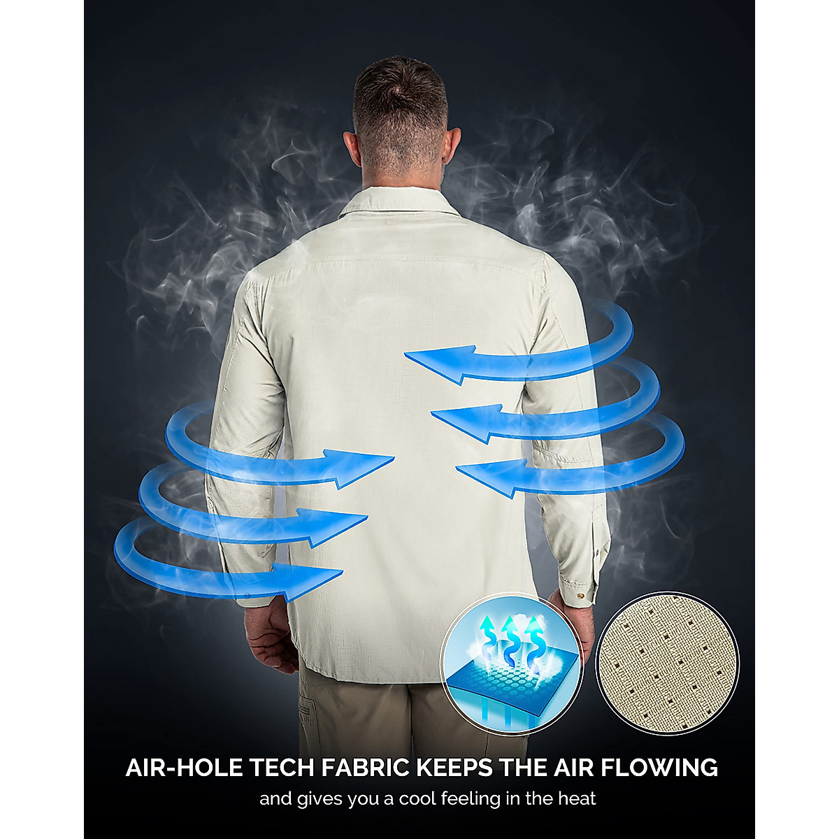 33,000ft Men's Long Sleeve Sun Protection Shirt UPF 50+ UV Quick Dry Cooling Fishing Shirts for Travel Safari Camping Hiking Khaki