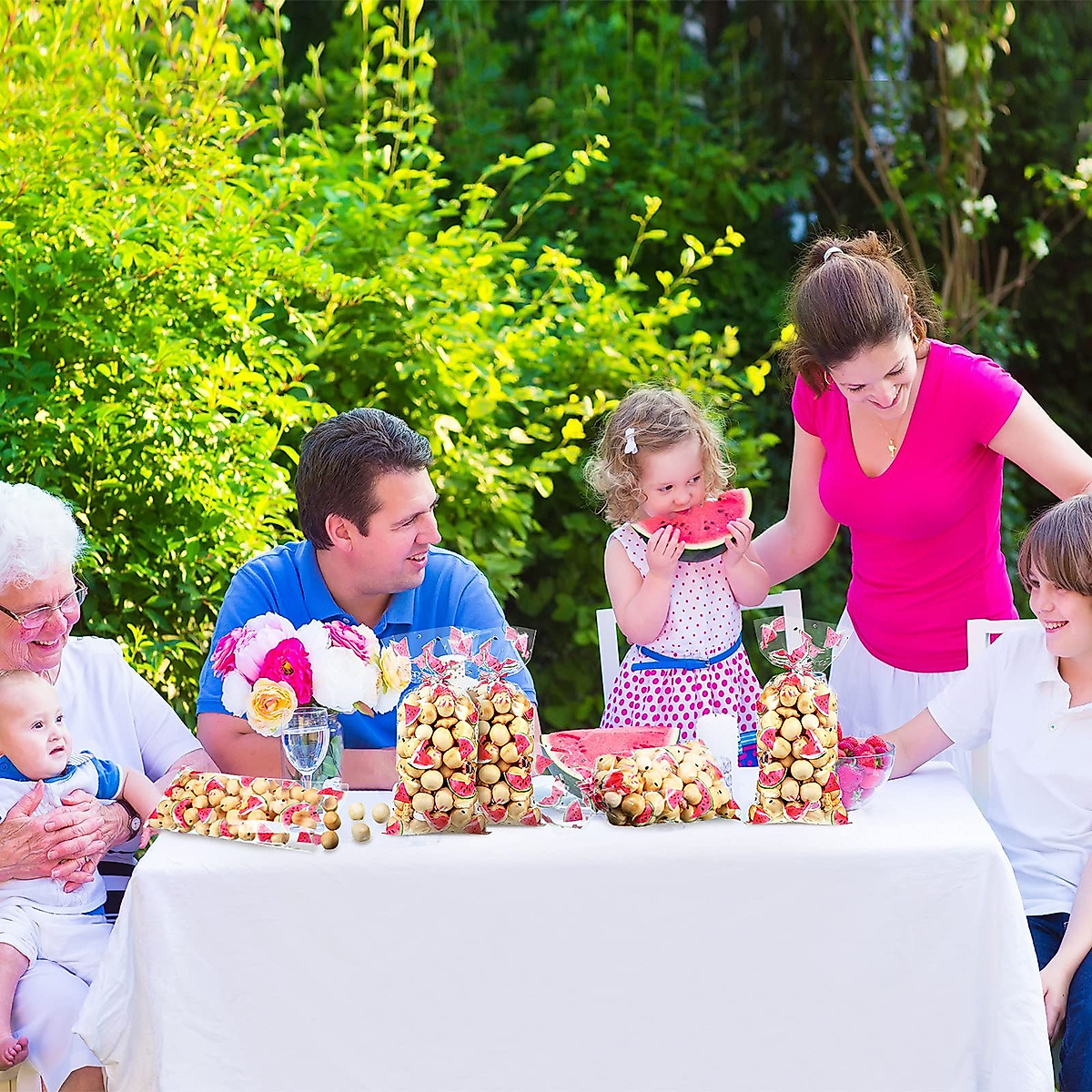 Zonon 100 Pieces Watermelon Treat Bags cellophane bags watermelon party bags Plastic Candy Bag Pink with 100 Silver Twist Ties for Summer Beach Watermelon Birthday Party Baby Shower Supplies