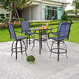 LOKATSE HOME 5 Piece Patio Dining Set Tesling Swivel Chairs with Glass Square Table Outdoor Furniture Bistro Rotating Stools for Poolside, Cafe, Porch, Chic Bar, Blue