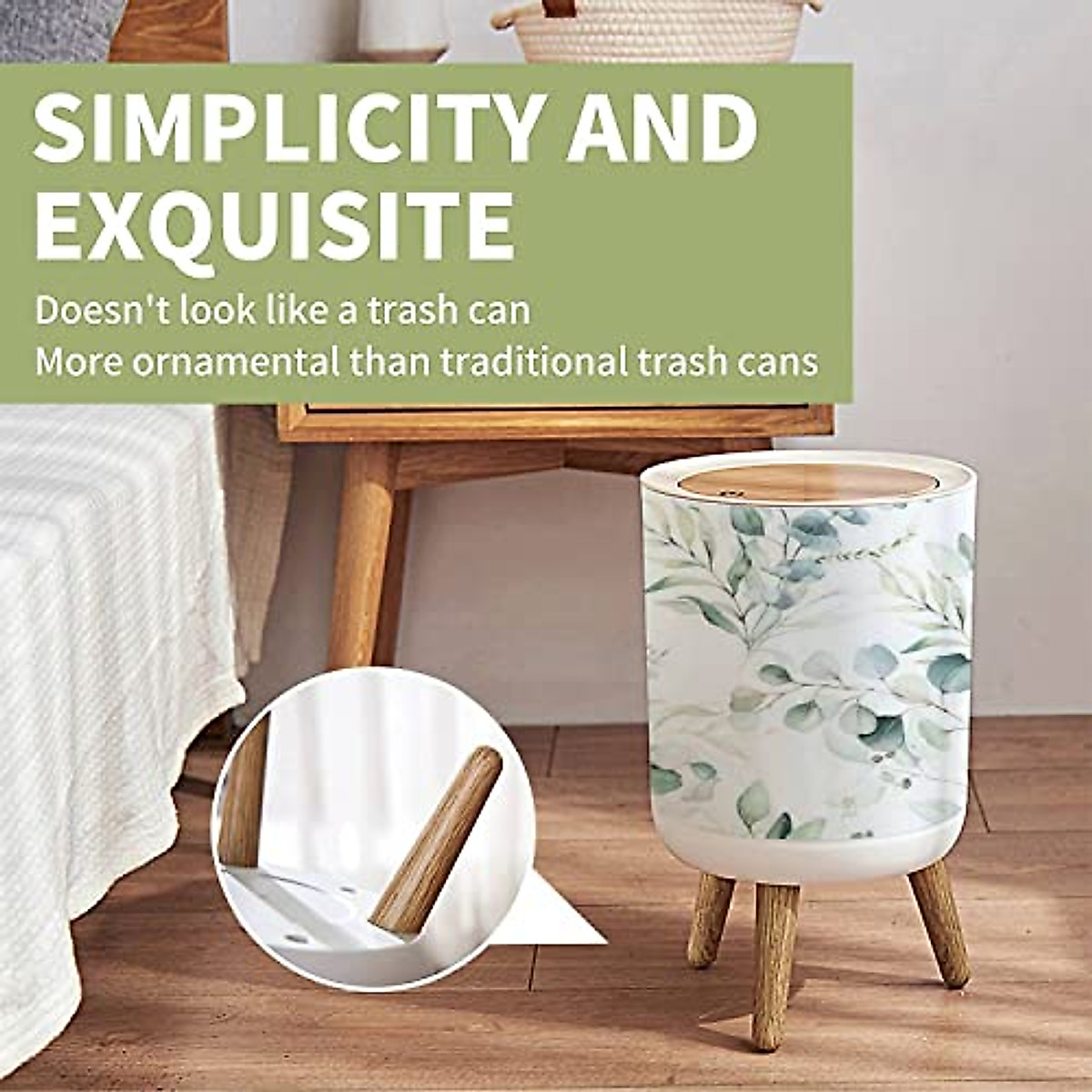 Small Trash Can with Lid Seamless watercolor floral pattern green leaves and branches Garbage Bin Round Waste Bin Press Cover Dog Proof Wastebasket for Kitchen Bathroom Living Room 1.8 Gallon