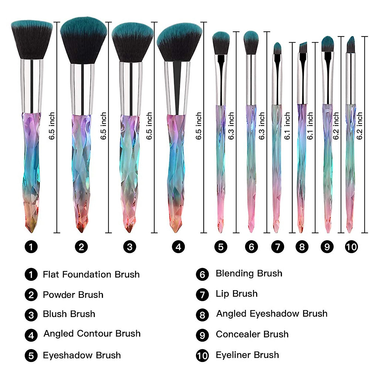 Makeup Brushes Set Crystal Handle - 10pcs Colorful Diamond Cosmetic Kabuki Brushes Foundation Concealer Face Powder Eye Shadows Highlight Brush Kit For Makeup
