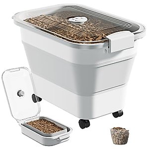 Airtight Dog Food Storage Container Up to 𝟮𝟯 𝗹𝗯𝘀,【Keep Dry Food Fresh】 Collapsible Pet Food Container with Clear Lid,【Ready to Use】 Cat Treart Container with Attachable Casters and Measuring Cup