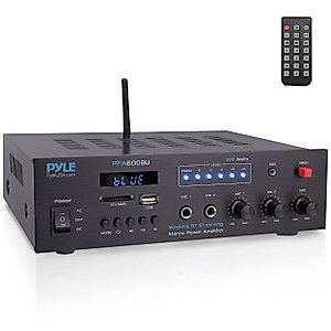 Pyle Wireless Bluetooth Karaoke Amplifier - Home Car Bus Tours 300 Watts 2 Channel Digital Home Audio PA Receiver System 2 Microphone Input Control, FM Radio, USB,12 Volt Power Option - PFA600BU