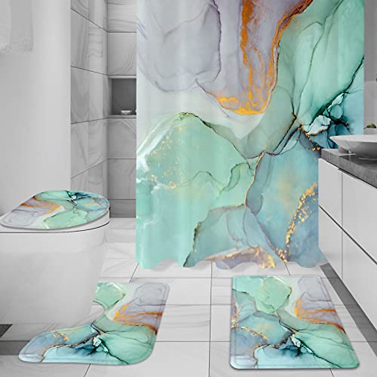 Gibelle 4 Pcs Bathroom Shower Curtain Set with Non-Slip Rugs, Toilet Lid Cover and Bath Mat, Green Marble Bathroom Decor Set with Shower Curtain and Rugs and Accessories