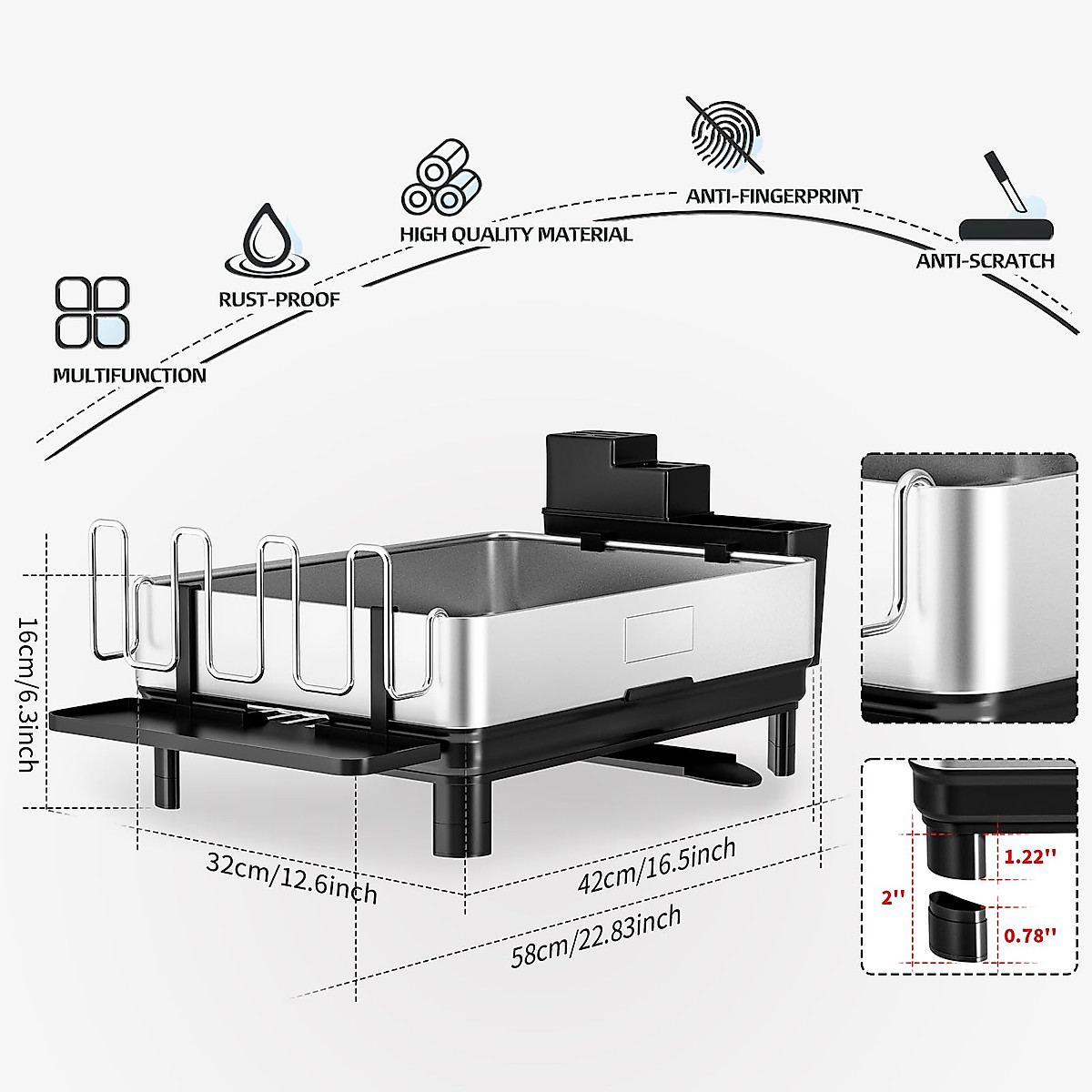 SanDream Dish Drying Rack, Stainless Steel Dish Rack for Kitchen Counter, Dish Drainer for with 360° Rotatable Drain Spout & Utensil Holder, Saving-Space Kitchen Organizer with Cups Holder, Black