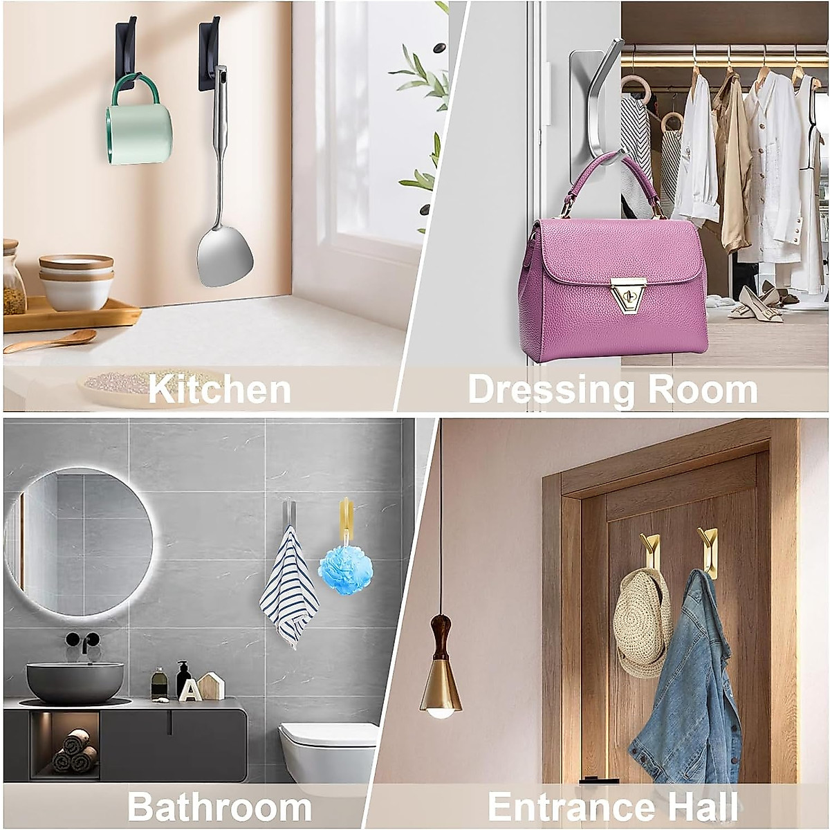 Tivcck Adhesive Towel Hook,5 Pack Adhesive Wall Hooks,Stick on Wall Hooks for Hanging Robe Coat,Metal Adhesive Hooks Heavy Duty,Stainless Steel Bath Towel Hooks for Bathrooms Kitchen,Silver