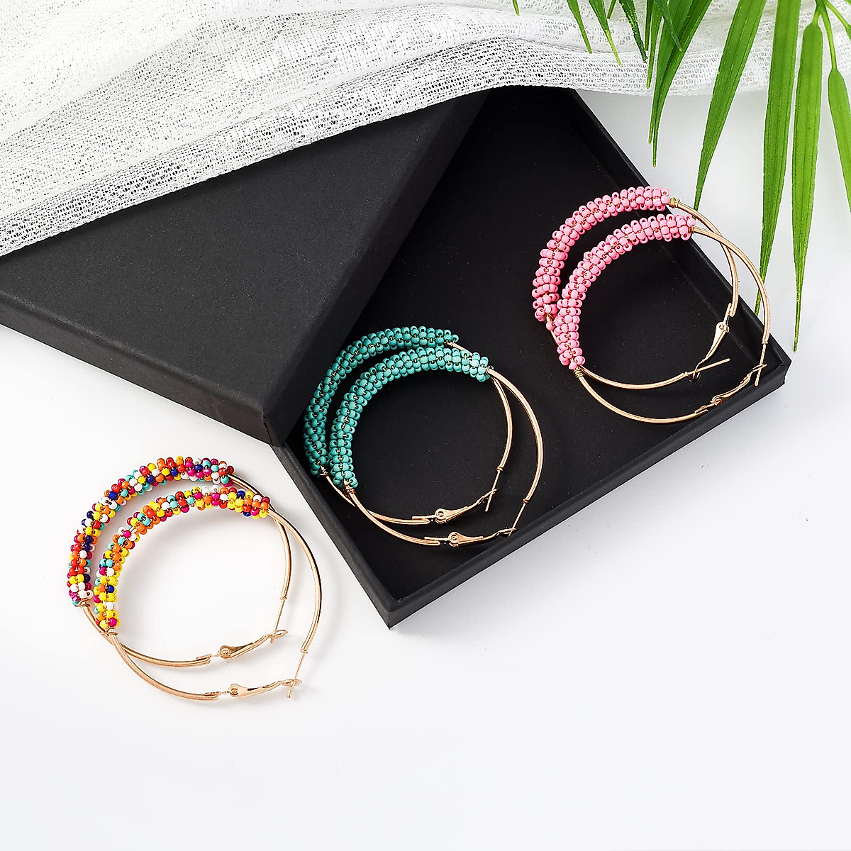 Jinxiuge 6 Pair Beaded Hoop Earrings Boho Flower Round Earrings Women's Handmade Earrings Set