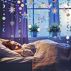 7 Pcs Iridescent Moon Star Garland Streamer, Bling Bling 3D Twinkle Little Stars Hanging Decor Backdrop for Baby Shower Birthday Graduation Eid Mubarak Party Decoration