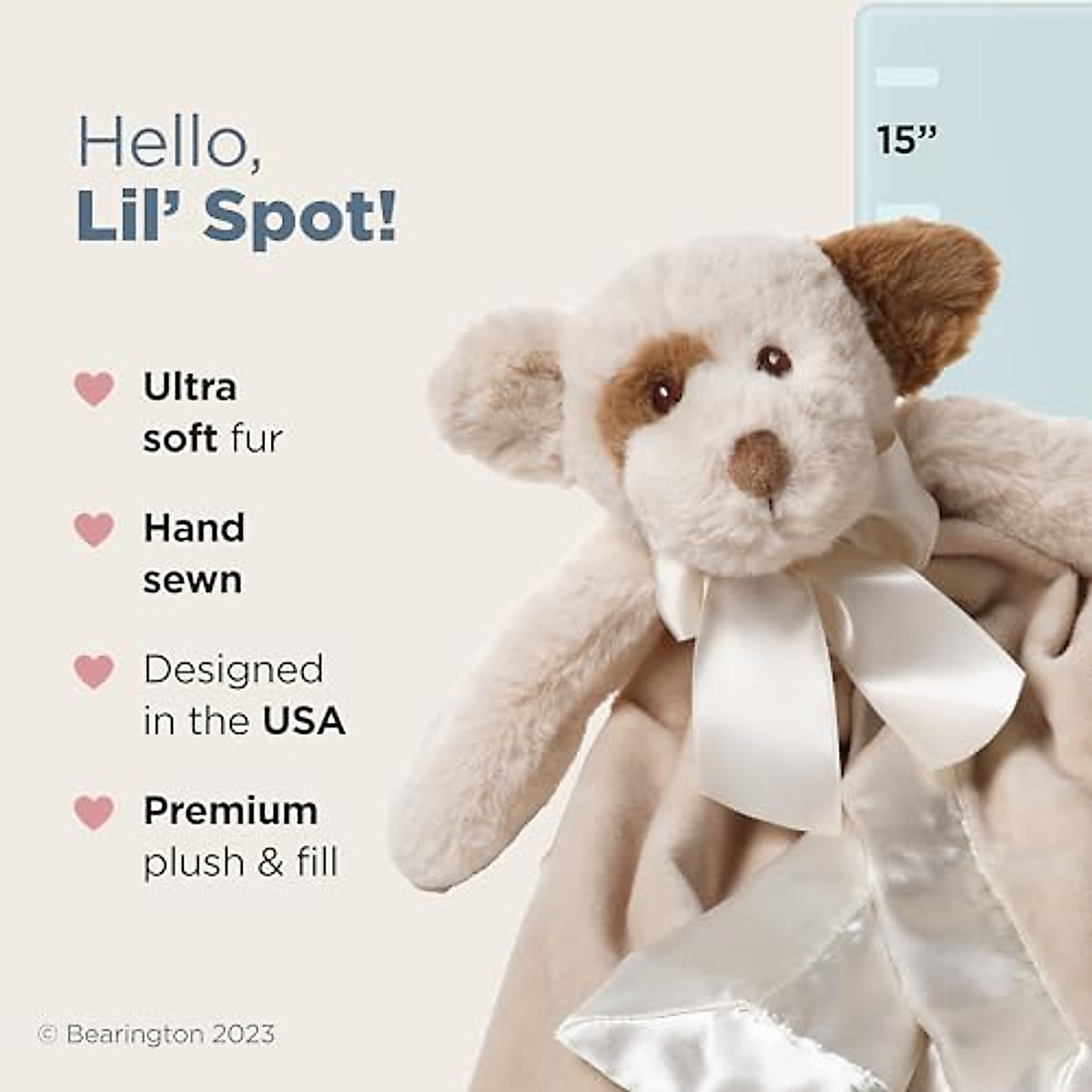 Bearington Baby Lil’ Spot Snuggler, 15 Inch Puppy Dog Plush Stuffed Animal Security Blanket Lovey for Babies, Gender Neutral