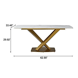 HomSof Sintered Stone, Carrara Color Modern Dinning Table with Solid Carbon Stell Base 63", 1 Piece, White+Gold+Brown