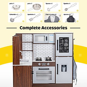 BRINJOY Corner Play Kitchen for Kids, Wooden Toddler Kitchen Playset w/Faucet, Sink, Microwave, Oven, Apron, Blackboard, Storage Cabinets, Pretend Cooking Toys w/Sound & Light Gift for Ages 3+