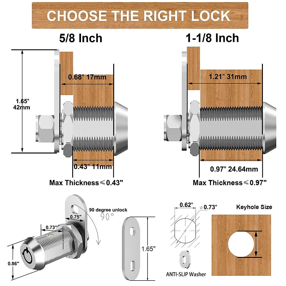 3 Pack Cabinet Locks with Keys, 5/8" Cam Locks Keyed Alike, RV Storage Lock for RV Compartment Door Mailbox Toolbox Locks Replacement Set, Chrome