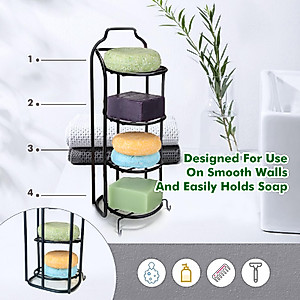 4 Tier Bar Soap Holder for Shower Wall, Stainless Steel Self Draining Rustproof Rack Powerful No Drilling Shampoo Bar Holder with Strong Suction Cup for Shower Wall Bathroom Kitchen (Black)