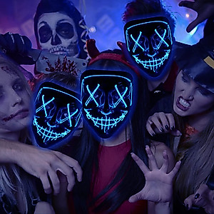 Max Fun Halloween Mask Glowing Gloves for Halloween Costume Cosplay Light Up Scary Masks with 3 Lighting Modes Cosplay Lighted Face Masks for Halloween Parties Masquerade Party(Blue)