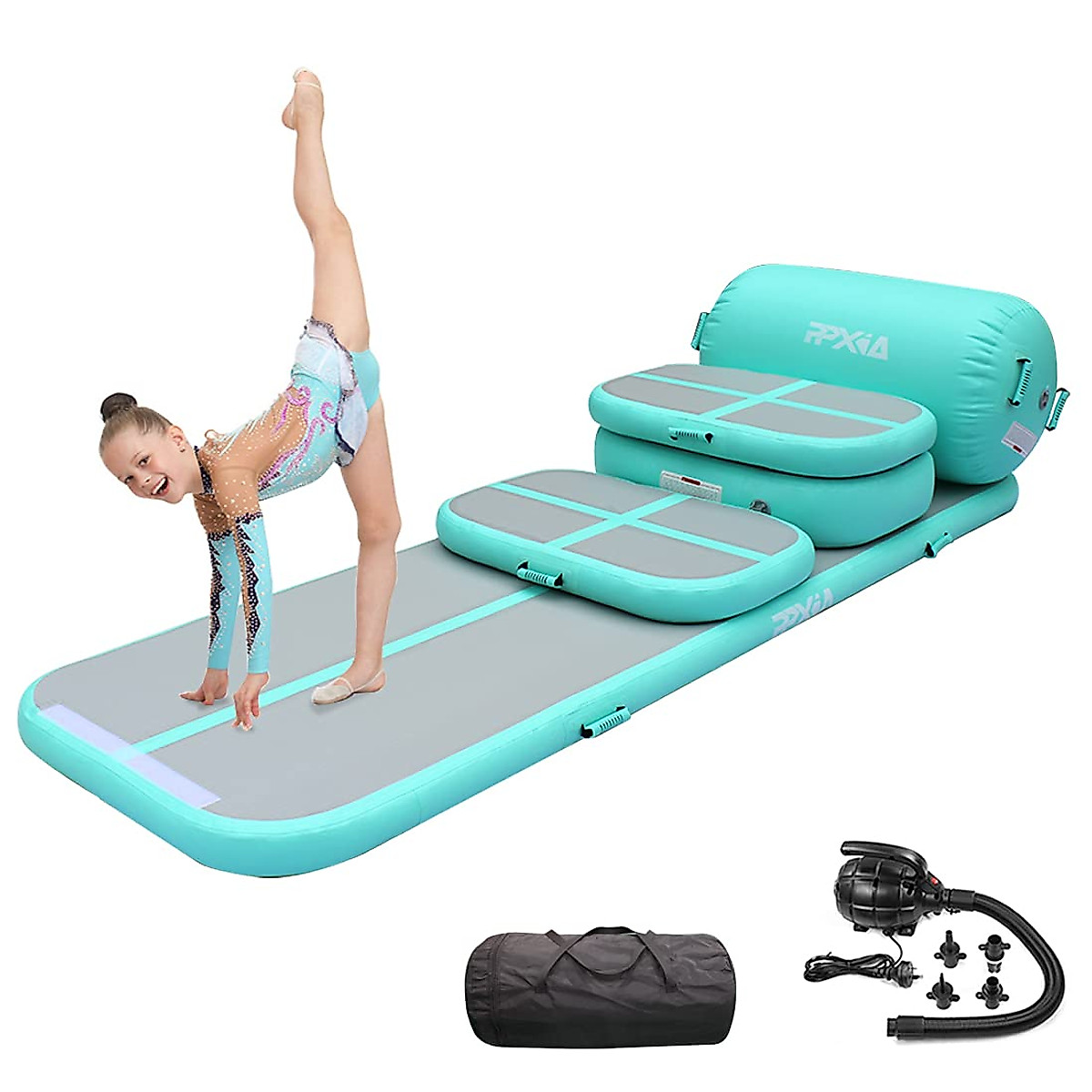 Gymnastics Mat Inflatable Tumbling Mat 4 inches Thickness Air Floor Tumble Air Tumbling Mat Set with Pump for Training Cheerleading Home Use Beach Park and Water Use (Green-5PCS)