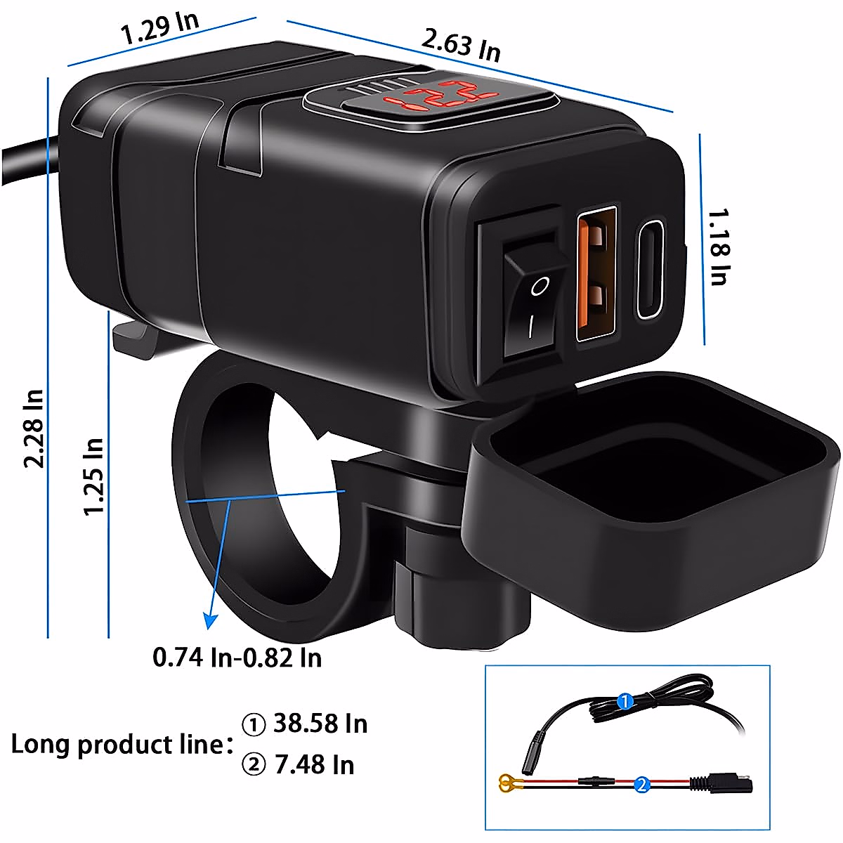 Ankuee Motorcycle USB Phone Charger, Waterproof SAE to USB Adapter with Voltmeter & ON/Off Switch, Dual Quick Charge 3.0 Charger, Motorcycle Accessories for Phone, Tablet, GPS, etc (Red)