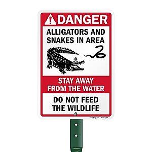 SmartSign 10 x 7 inch “Danger - Alligators And Snakes In Area - Do Not Feed Wildlife” Yard Sign with 18 inch Stake, 40 mil Laminated Rustproof Aluminum, Red/Black on White, Set of 1, Made in USA