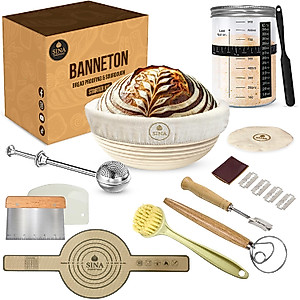 Banneton Bread Proofing Basket Set Sourdough Starter Kit Round 9" Rattan Proofing Basket, 36oz Large Wide Sourdough Starter Jar, Bread Lame, Sourdough Bread Baking Supplies, Banneton Basket Gift Set