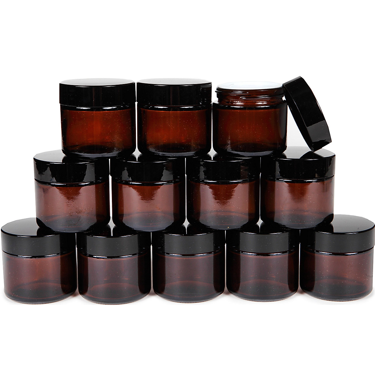 Vivaplex, 12, Amber, 2 oz, Round Glass Jars, with Inner Liners and black Lids