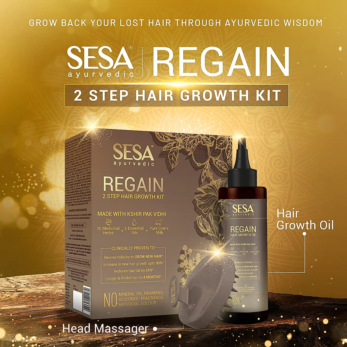 SESA Ayurvedic Regain 2 Step Hair Oil Growth Kit With 26 Herbs And 6 Essential Oils Promotes Hair Growth Reduces Hair Fall With Massager Natural Hair Oil For Women And Men, 100 Ml or 3.38 oz