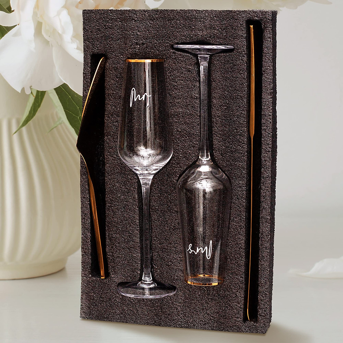 J&A Homes Rose Gold Wedding Cake Knife Server Set and Toasting Flutes - Reception Bride Groom Wedding Party Champagne Glasses Pie Cake Cutting Engagement Gift