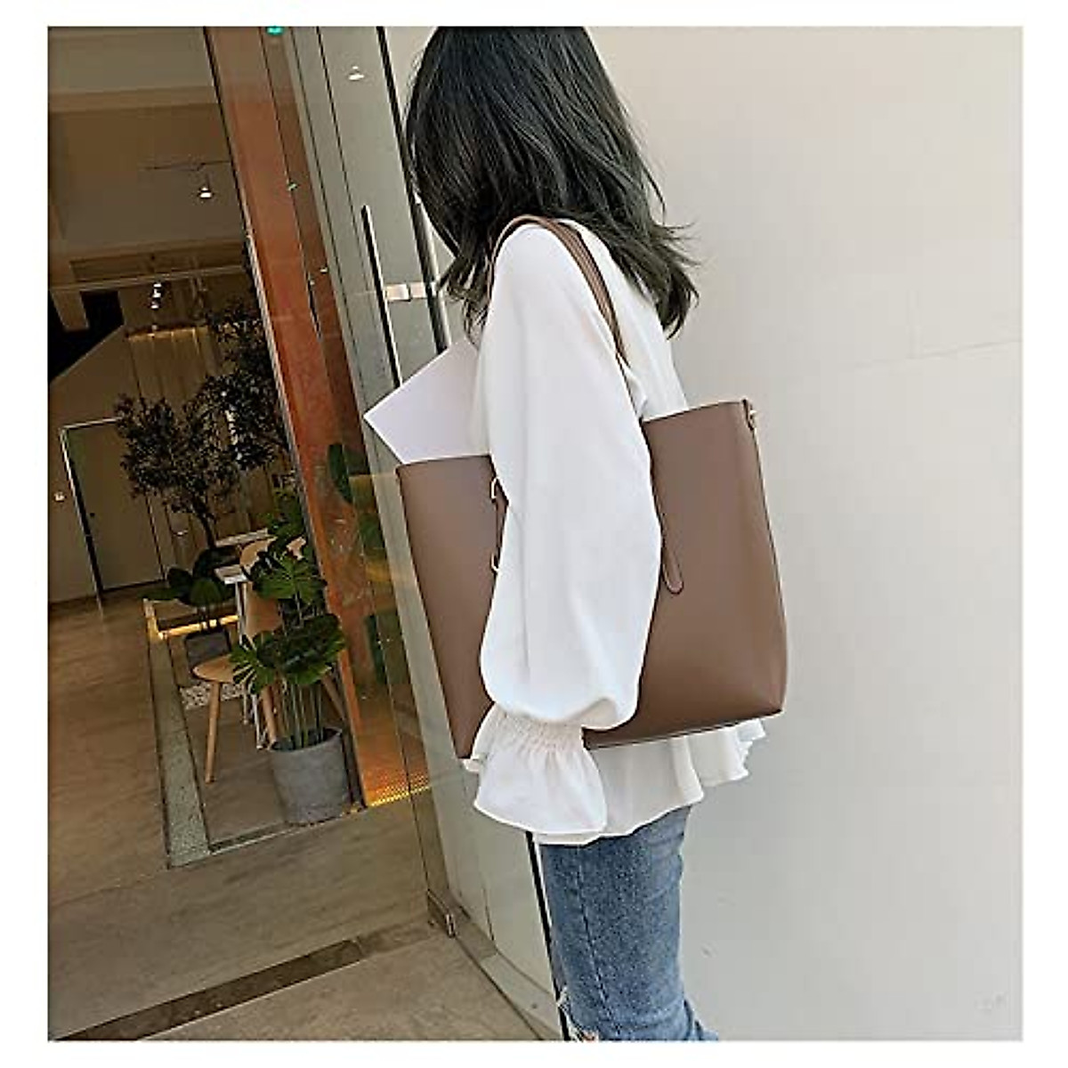 WPYYI Leather Bucket Composite Bags for Women Large Capacity Shoulder Bags Casual Tote (Color : Black, Size : 36x30cm)