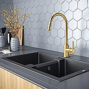 TURS Brushed Gold Kitchen Faucet Brass Kitchen Faucets with Pull Down Sprayer Single Handle One Hole High Arc Copper Kitchen Tap,FK002LG