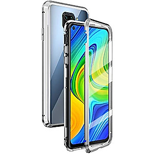 EabHulie Redmi Note 9 Case, 360° Full Body Transparent Tempered Glass with Magnetic Adsorption Metal Bumper Case Cover for Xiaomi Redmi Note 9 Silver