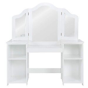 GOFLAME Kids Vanity Table, 2 in 1 Detachable Design with Dressing Table and Writing Desk, Princess Makeup Dressing Table with 4 Large Storage Shelves and 3-Panel Mirror for Kids and Girls (White)