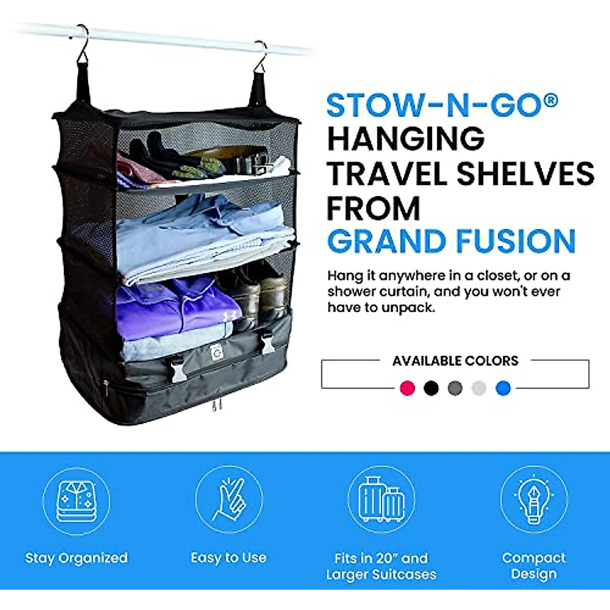 Grand Fusion Housewares Stow-N-Go Luggage and Travel Organizer, Travel Essentials, Hanging Packing Cubes With Hanging Shelves And Laundry Storage Compartment, Black