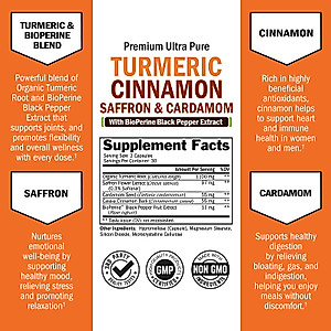 Turmeric Supplement with Saffron, Cinnamon and Cardamom Plus BioPerine Black Pepper Extract for Optimal Absorption, Natural Tumeric Curcumin Joint Support Supplement for Women and Men, 60 Capsules