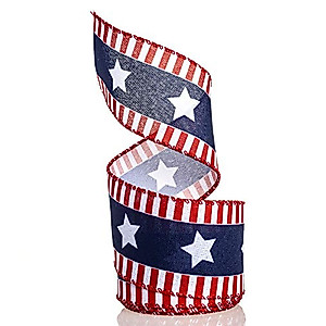 Red White Blue Stars and Stripes Wired Edge Ribbon, 10 Yards by 2.5 Inches (Style 2)