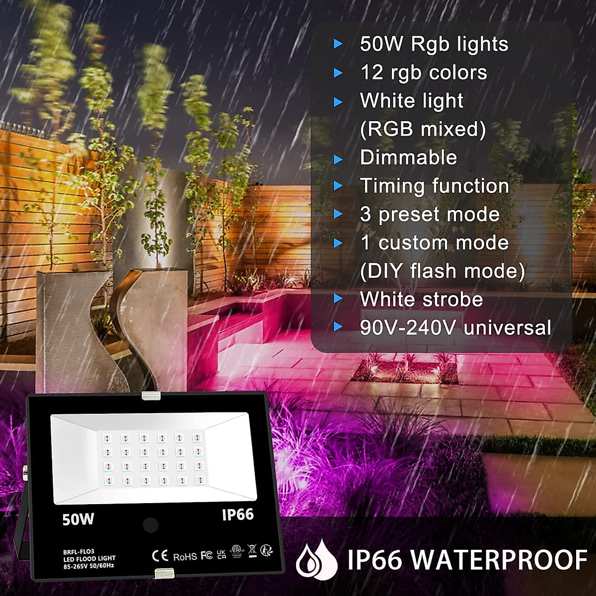 MELPO Led Flood Light Outdoor, 50W RGB Color Changing Landscape Lighting with Remote, Timing - 12 Colors - 4 Modes, IP66 Waterproof, US 3-Plug, (Pack of 2)