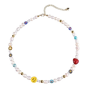 Beaded Necklace Y2K Pearl Necklace for Women Handmade Preppy Necklace Trendy Bead Necklace Y2k Necklaces Boho Cute Colorful Beads Friendship Pendant Jewelry Gifts for Her