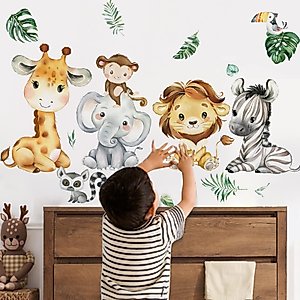 decalmile Safari Jungle Animals Wall Stickers Elephant Giraffe Lion Wall Decals Baby Nursery Kids Bedroom Living Room Wall Decor