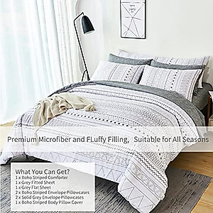 RYNGHIPY Boho Comforter Set Full Size: White Grey Geometric Bed in a Bag for Men Boys - All Season Comfoter with Sheets Pillowcases Soft Microfiber (White,Full Size)