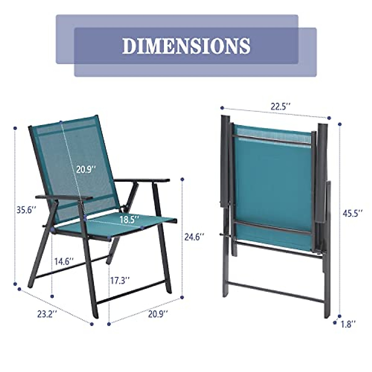 VICLLAX Patio Folding Chairs Set of 2, Outdoor Portable Dining Chairs for Lawn Garden Deck Backyard Porch, Turquoise Blue
