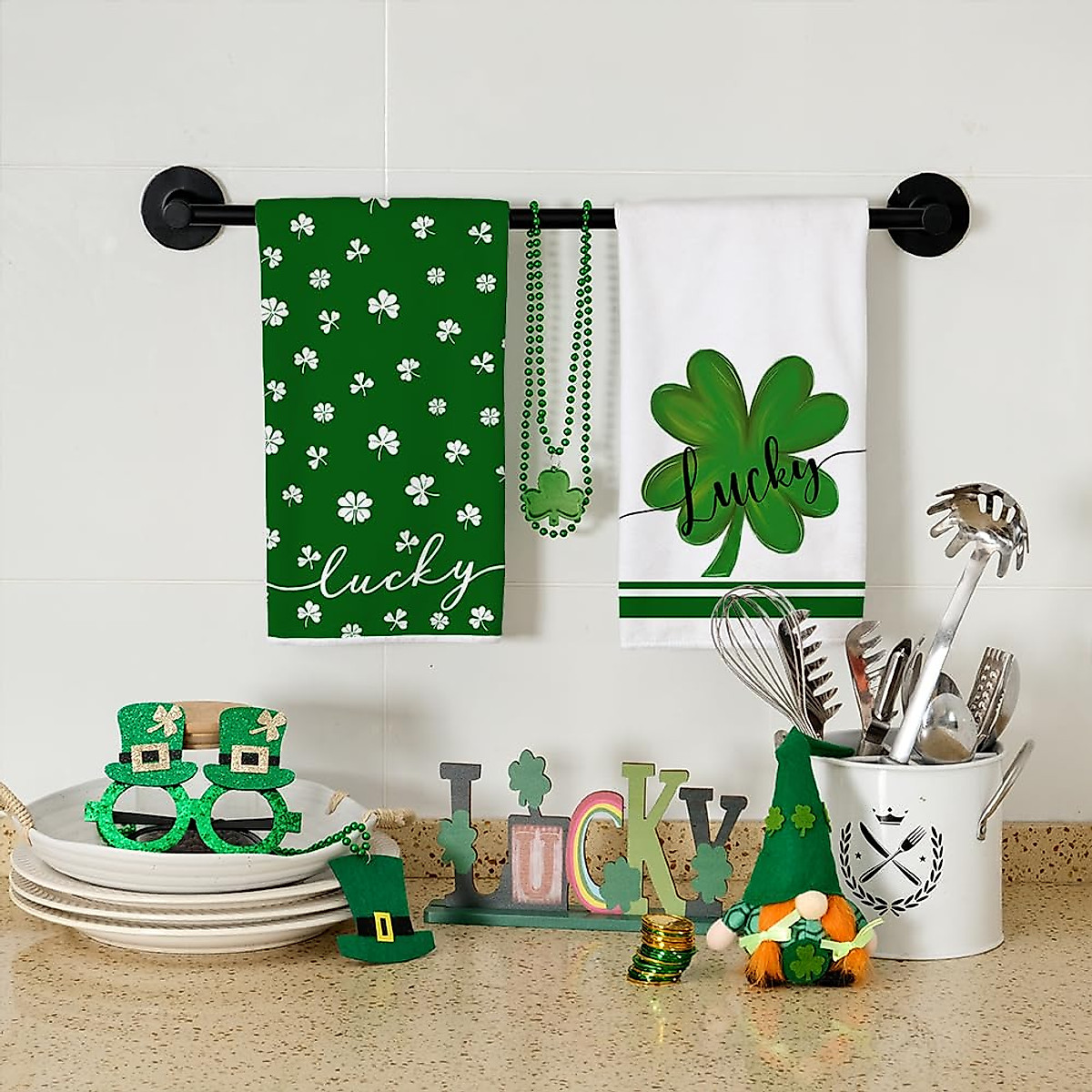 ARKENY St Patricks Day White Shamrock Kitchen Towels Dish Towels St. Patrick's Day Decorations for Home Drying Cloth Lucky Sign 18x26 Inch Stripe Hand Towel for Cooking Set of 2