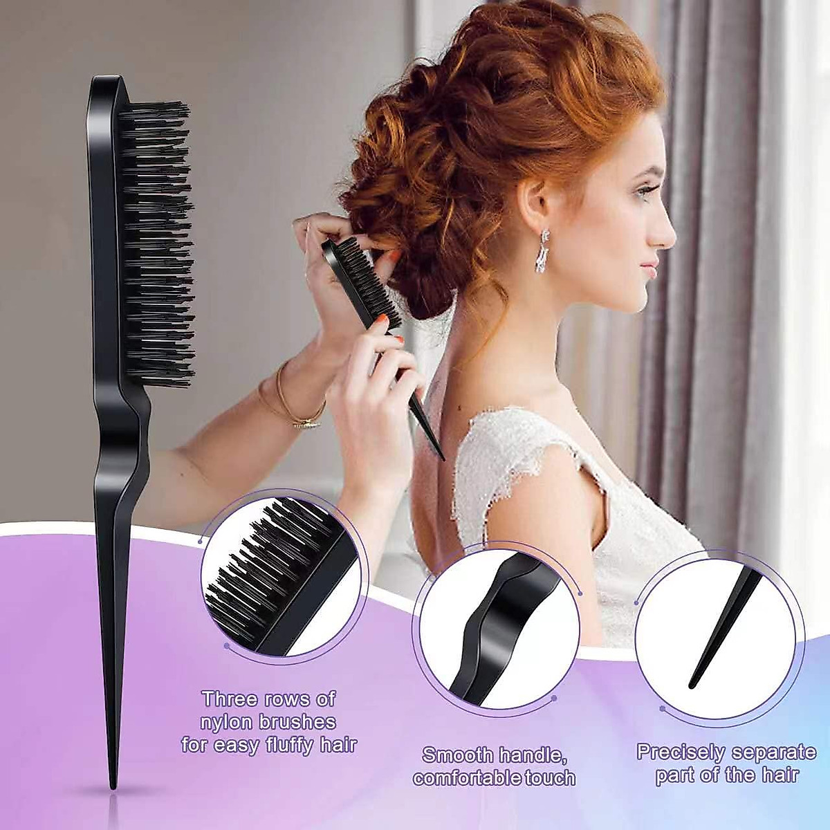 4Pcs Anmieciu Hair Styling Set for All: Bristle Edge Brush, Teasing Comb, Rat Tail Comb, Wide Tooth Comb for Combing, Smoothing and Styling Hair (Black)