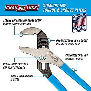 Channellock 430 Tongue & Groove Pliers | 10" Straight Jaw Groove Joint Plier with Comfort Grips | 2" Jaw Capacity | Laser Heat-Treated 90° Teeth| Forged From High Carbon Steel | Made In USA,Black, Blue, Silver,10-Inch