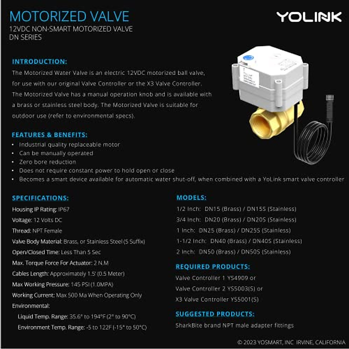 YoLink Wireless Smart Valve Control Kit, 1" Brass Motorized Valve, Wireless Valve Controller, Battery Powered Valve