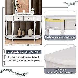 Retro Circular Curved Design Console Table with Open Style Shelf Solid Wooden Frame and Legs Two Top Drawers Ample Storage, Shape Console Table for Hallway Living, Dining Room (Antique White)