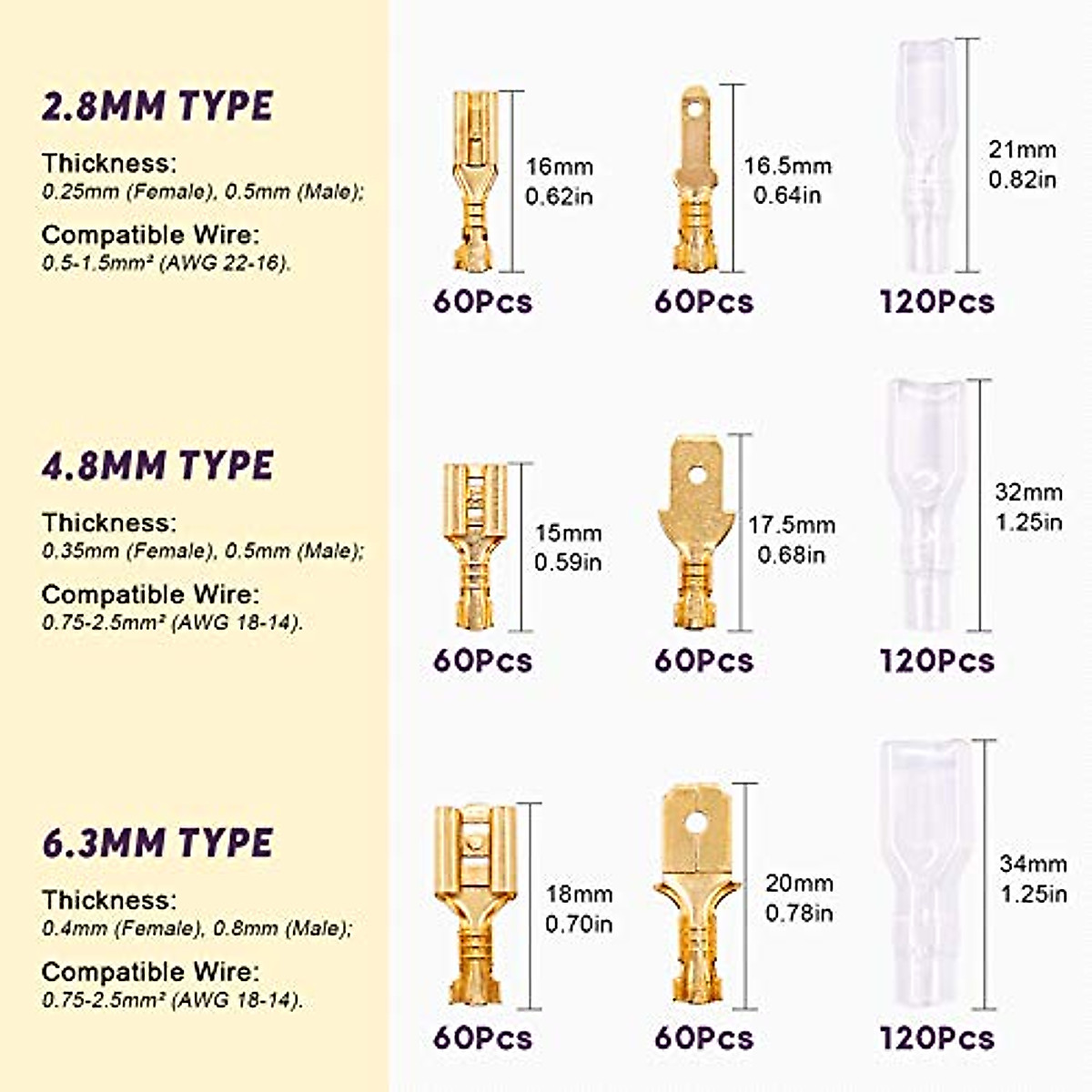 Swpeet 720Pcs Gold 2.8/4.8/6.3mm Male and Female Spade Quick Connectors Wire Crimp Terminal Block with Insulating Sleeve Assortment Kit Perfect for Electrical Wiring Car Audio Speaker