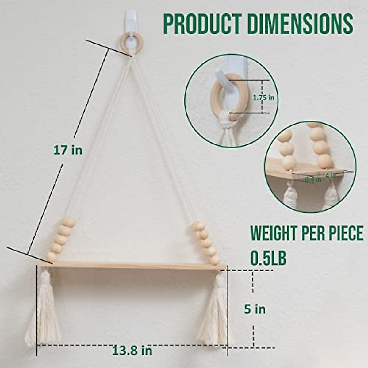 GeddStore Hanging Shelves for Wall (Set of 2), Lightweight Macrame Hanging Shelf, Cute Boho Shelves for Bedroom, Bathroom & Living Room, Ready to Hang