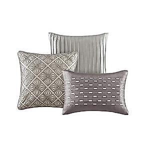 Madison Park Biloxi Jacquard Comforter Set - Modern Geometric Design, All Season Down Alternative Cozy Bedding with Matching, Shams, Decorative Pillow, Queen(90"x90"), Ombre Silver 7 Piece