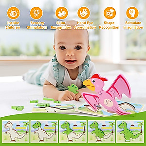 6 Pieces Set of Wooden Dinosaur Puzzles for Children 1-5 Years Old, Wooden Puzzles for Montessori Learning for Toddlers, Preschool Educational Toys, 3D Dinosaur Puzzles for Boys and Girls Gift