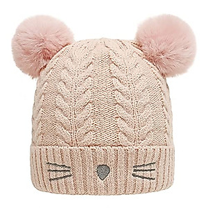 BUBO.YAA Baby Girl Winter Hat Cable Knit Baby Beanie for Infant Toddler Double Faux Fur Pom Pom Beanie with Fleece Lining
