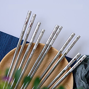 YAPULLYA Reusable Chopstick and Spoon Set, Korean Long Handle Stainless Steel Spoon and Chopsticks Set, Dishwasher Safe Metal Chop sticks, Set of 3. (Multi-patterned)