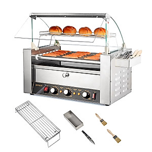 ROVSUN Hot Dog Roller Warmer ETL Certified, 7 Rollers 18 Hot Dog Roller Grill Cooker Machine w/Bun Warmer, Cover, Dual Temp Control, LED, Removable Shelf & Drip Tray for Party Home Commercial 1200W