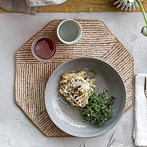 Bloomingville 15 Inches Cotton and Jute Embroidered Octagon Shaped, Natural and White Placemat